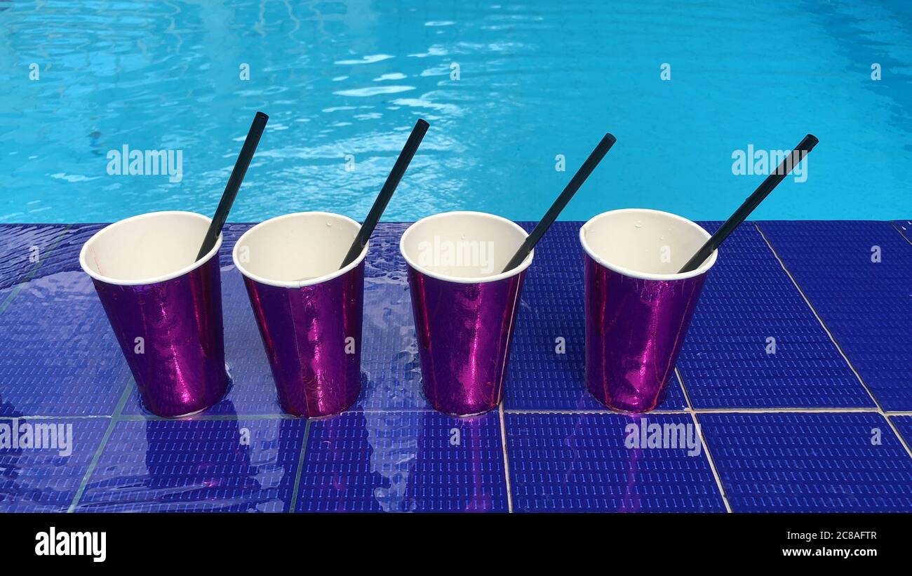 Beach background with many cocktails cups near swimming pool,Albania ...