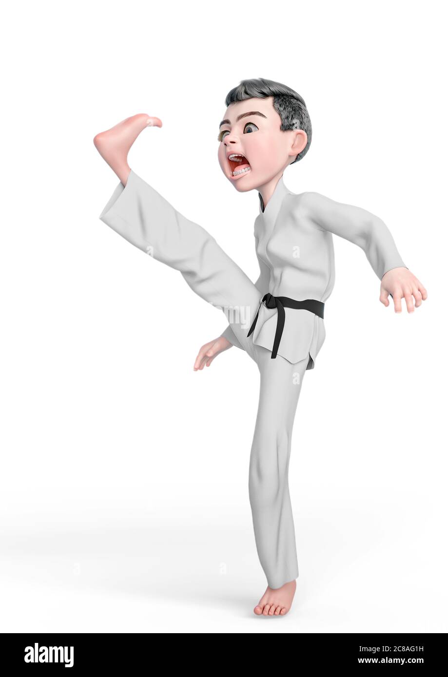 karate boy cartoon is doing a angry kick, 3d illustration Stock Photo ...