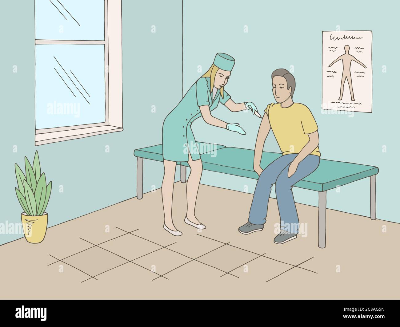 Nurse vaccinating a boy in doctor office graphic color interior sketch ...