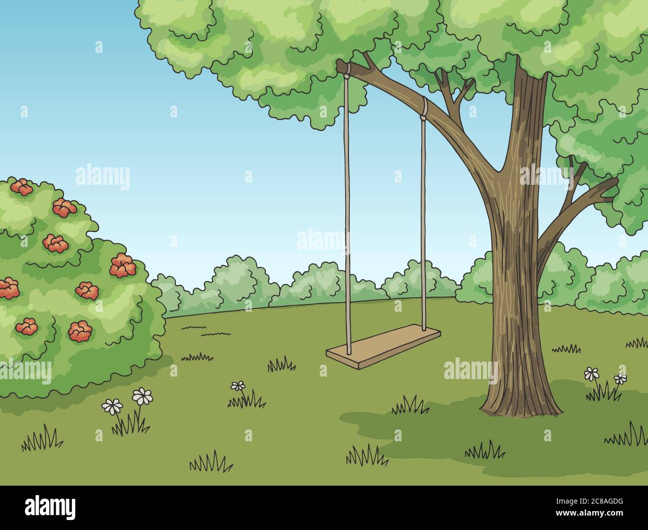 Tree swing graphic color forest glade landscape sketch illustration ...