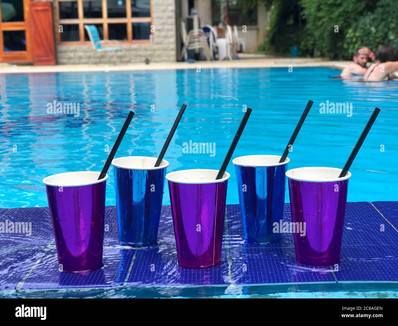 Beach background with many cocktails cups near swimming pool,Albania ...