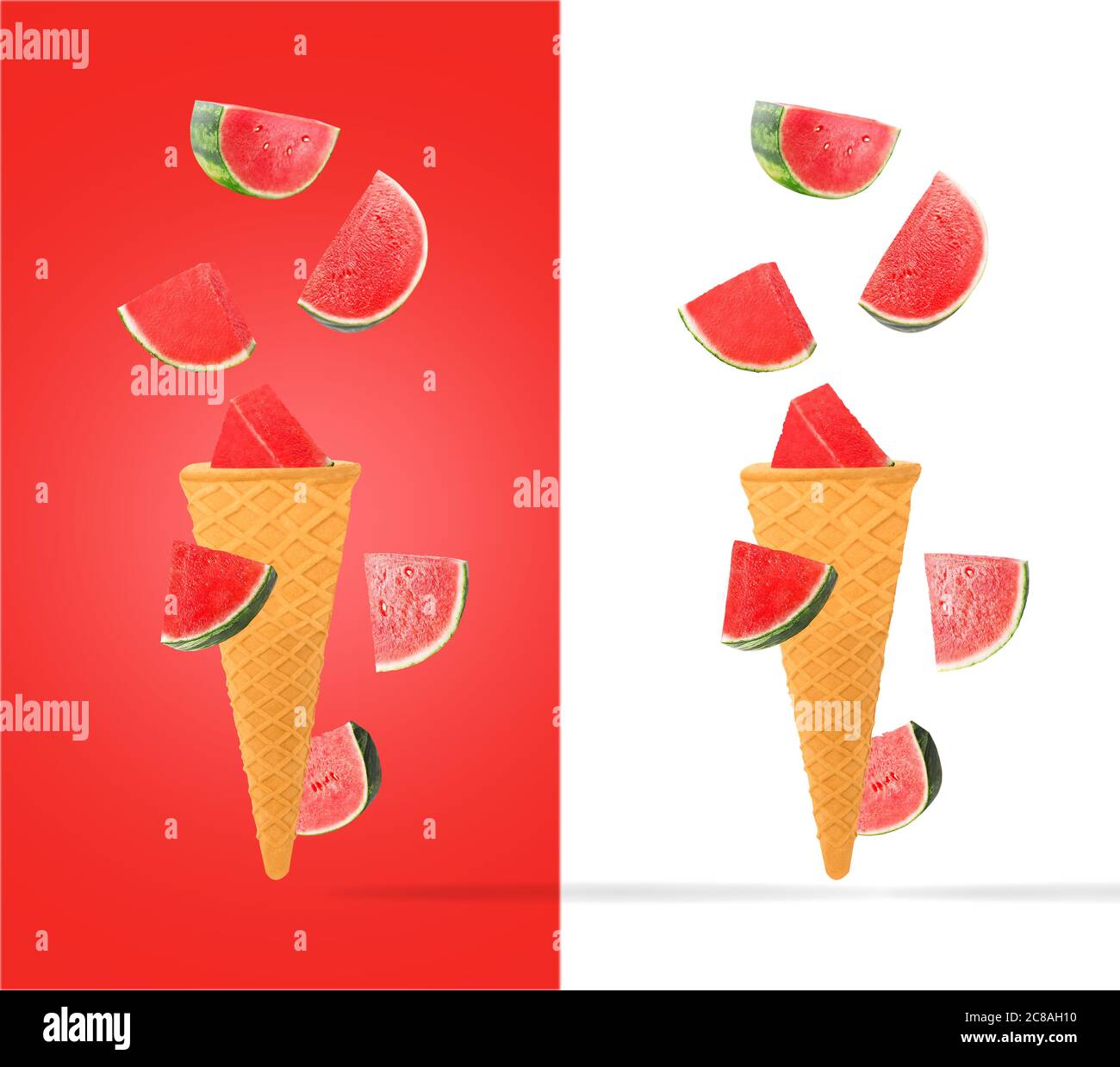 ice cream cones with ingredients falling in motion Stock Photo - Alamy