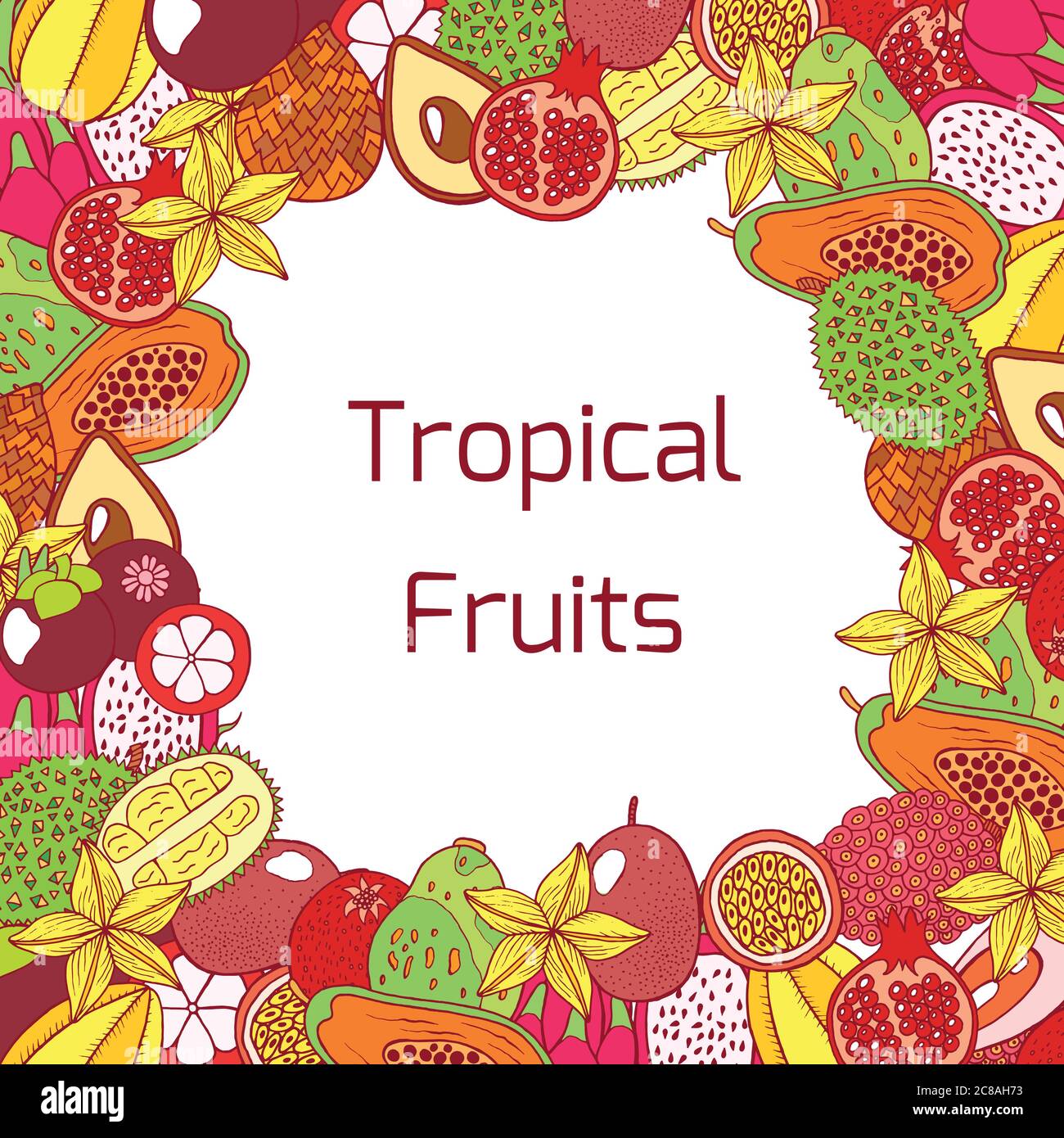 Colorful hand drawn frame with tropical exotic fruits. Vector graphic ...