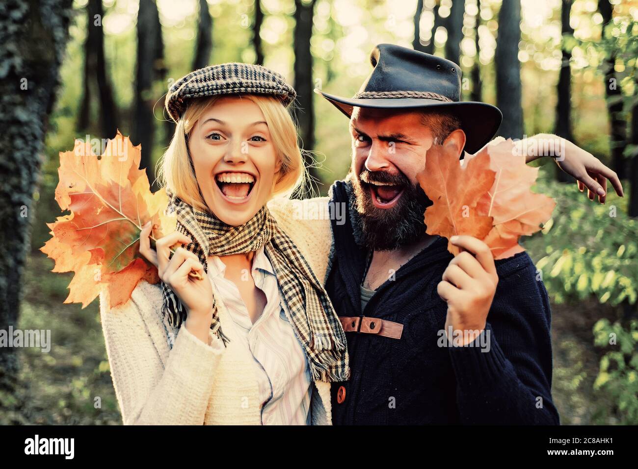 Autumn couple on fall nature background. People in love on Autumn ...