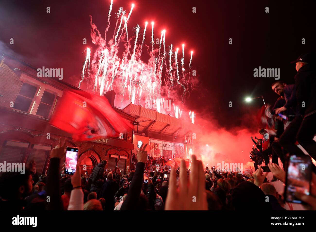 Liverpool fans celebrate flares fireworks hi-res stock photography and ...