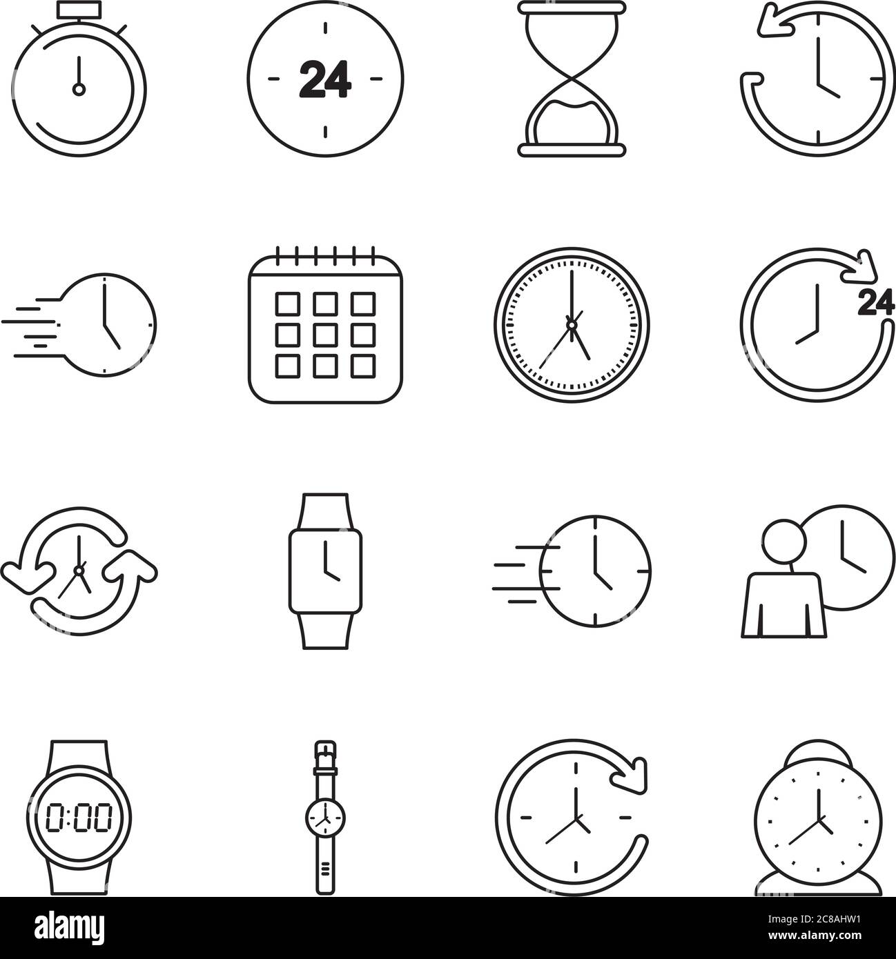 icon set of time and calendar over white background, line style, vector ...