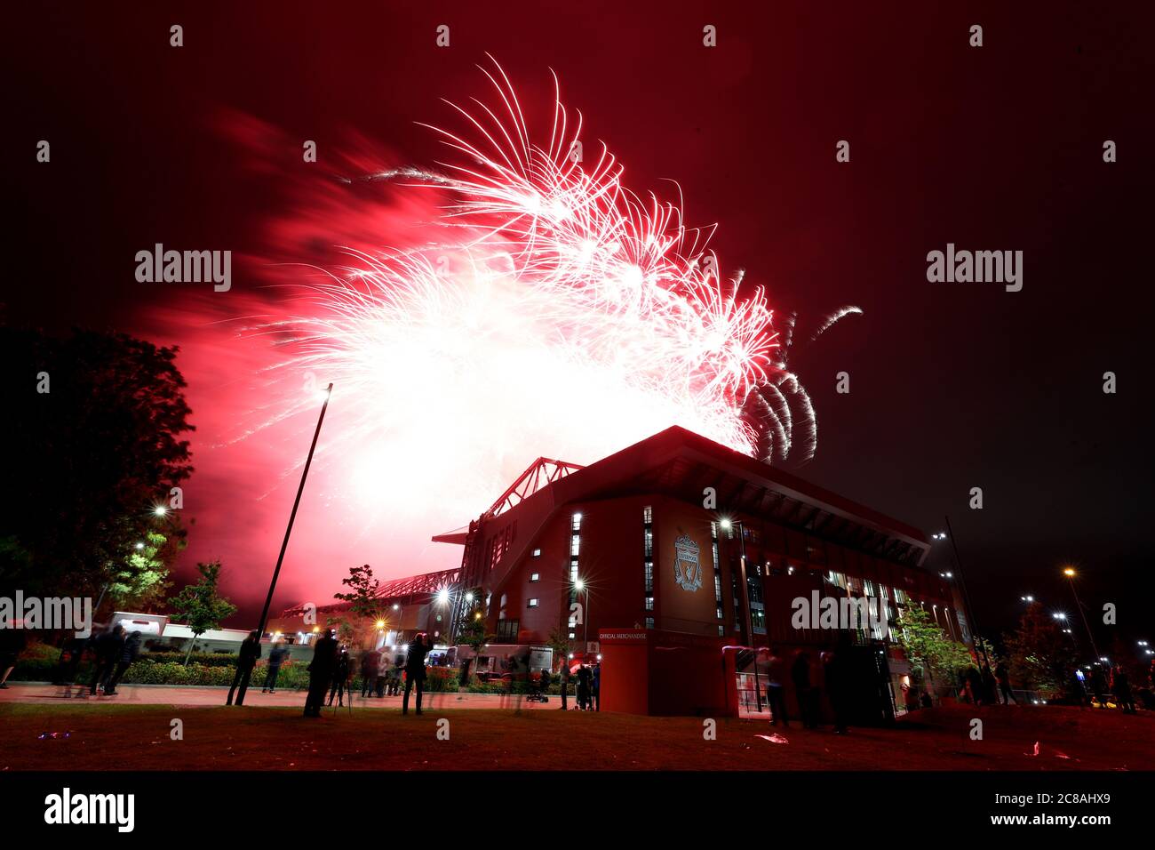 Fireworks are set off at Anfield Stadium as they lift the Premier ...