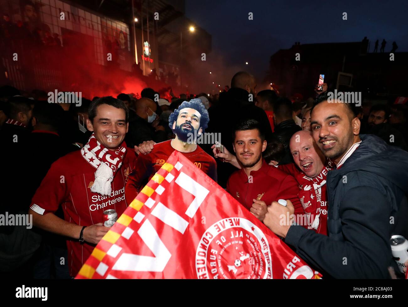 Liverpool fans celebrate outside Anfield Stock Photo - Alamy