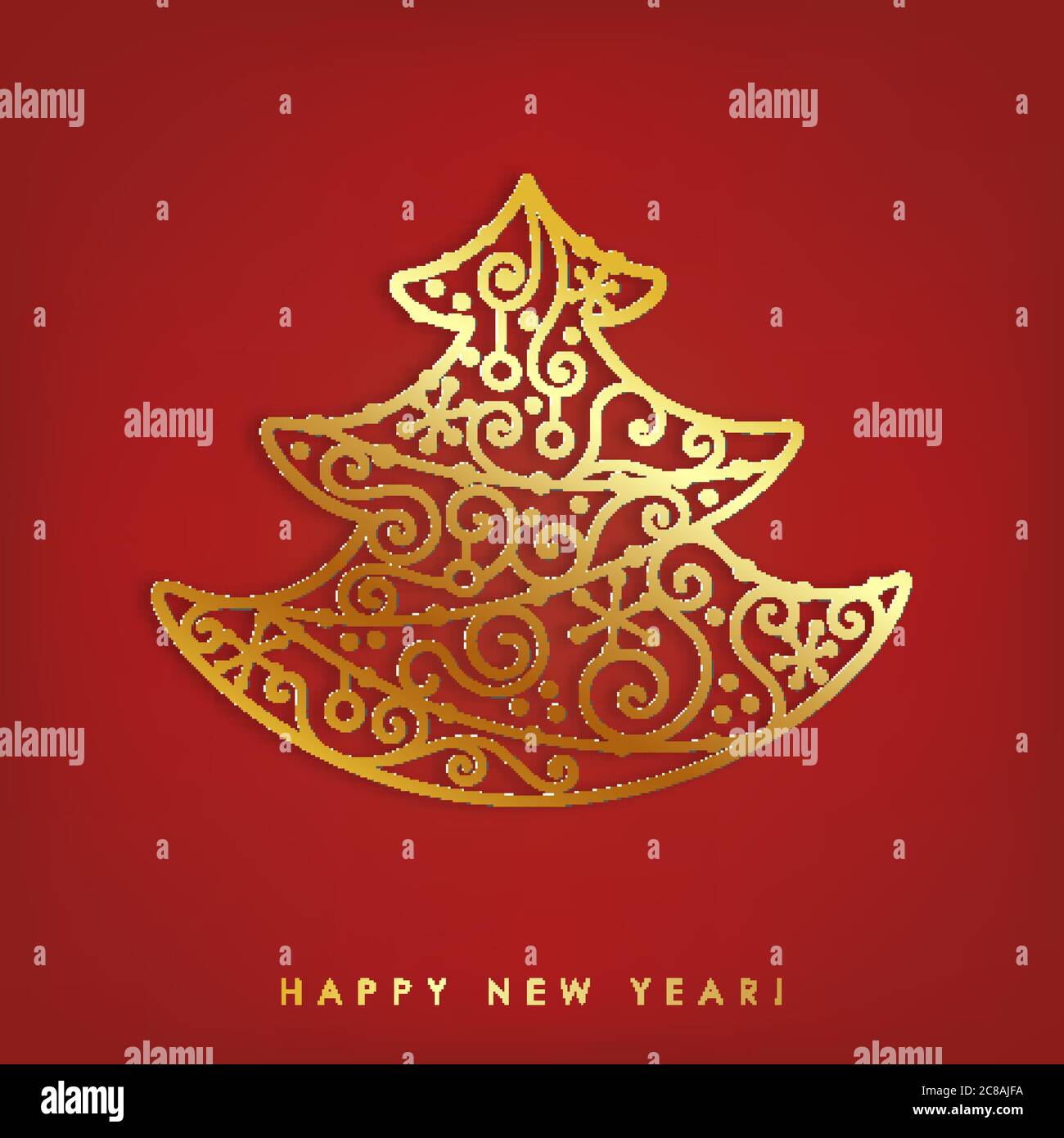 Abstract gold and glossy metallic tree. Merry Christmas greeting card ...