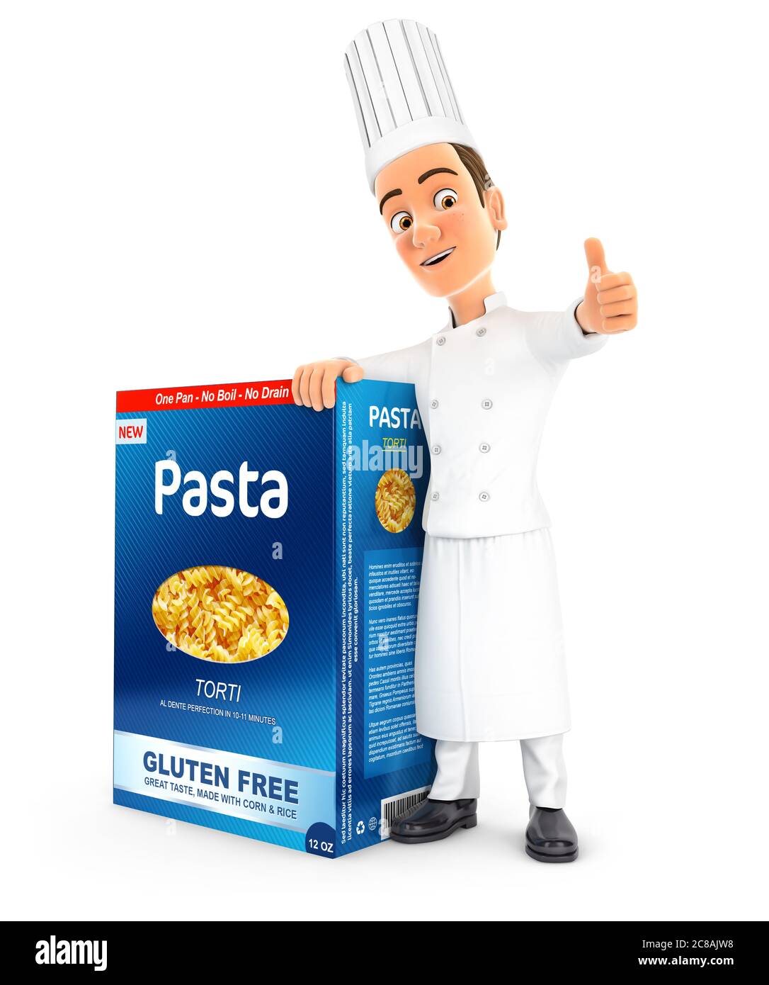 3d head chef next to big pack of pasta, illustration with isolated ...