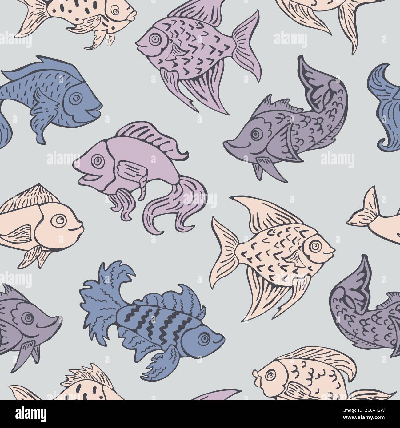 Vector seamless pattern of fish in retro linocut style. Fancy abstract ...