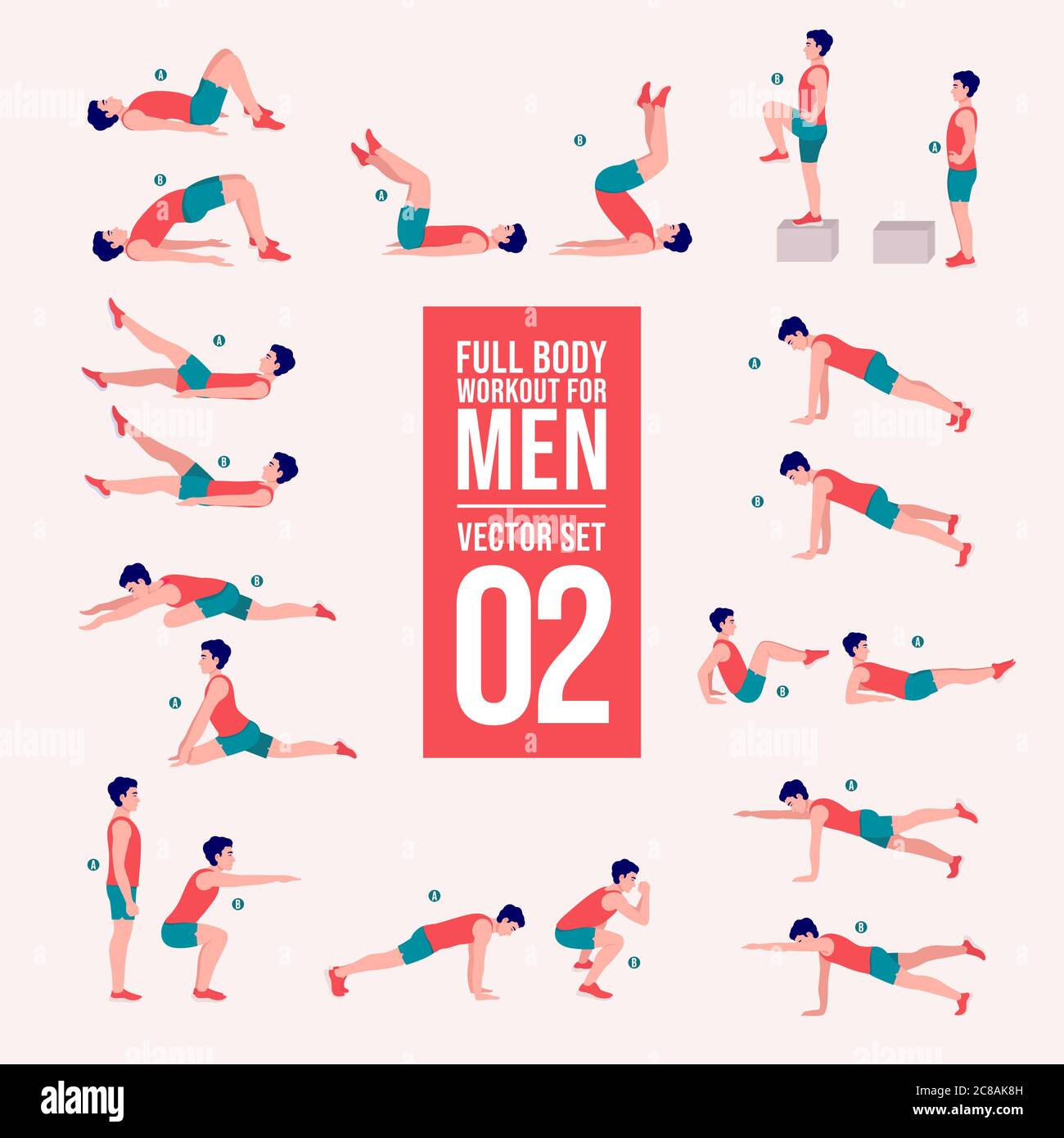 Workout men set. Men doing fitness and yoga exercises. Lunges, Pushups ...