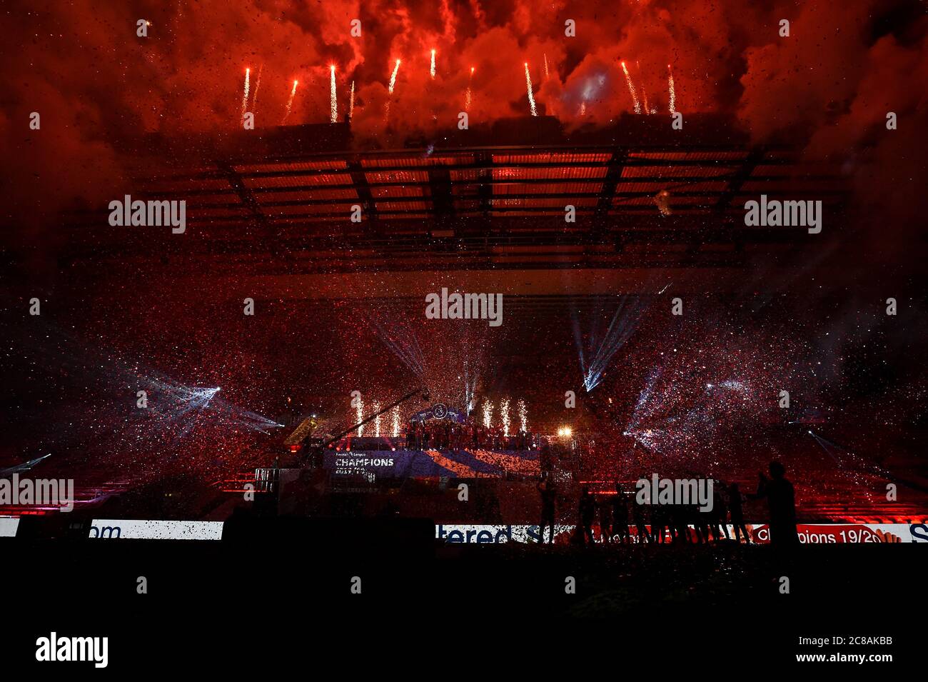 Liverpool players lift the Premier League Tropht at Anfield, during a ...