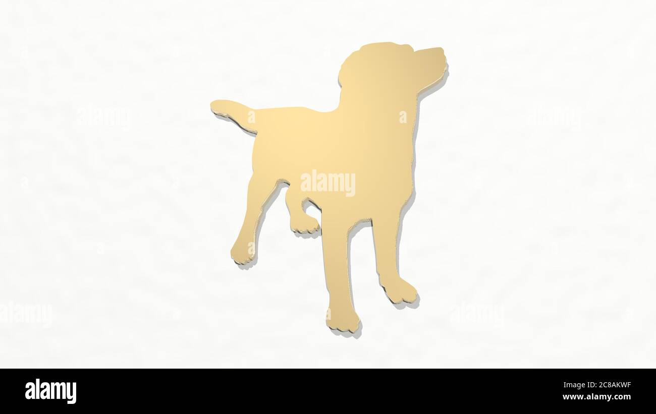 dog made by 3D illustration of a shiny metallic sculpture on a wall ...