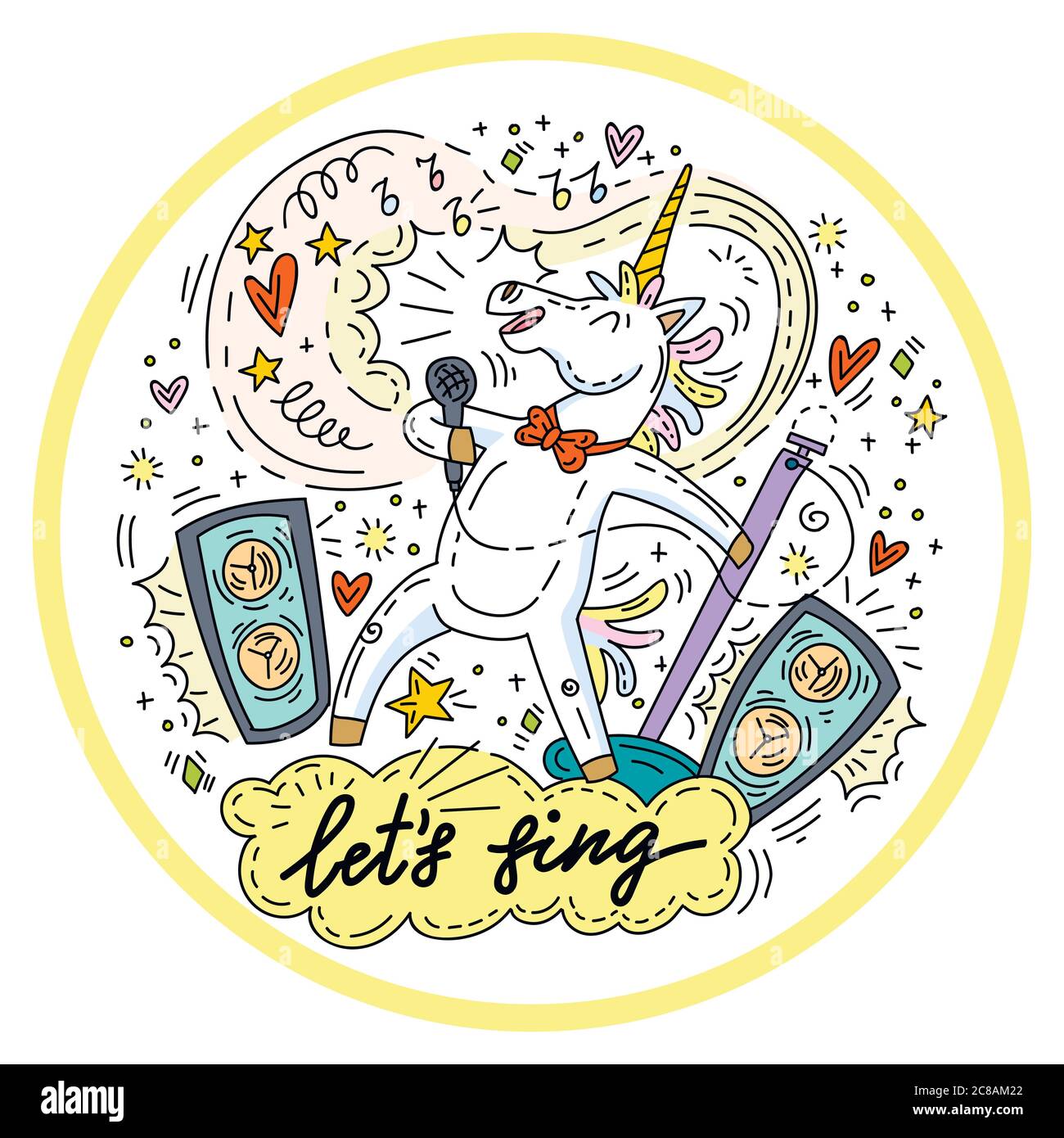 Funny cute unicorn enjoy to sing into the microphone. Let's sing ...