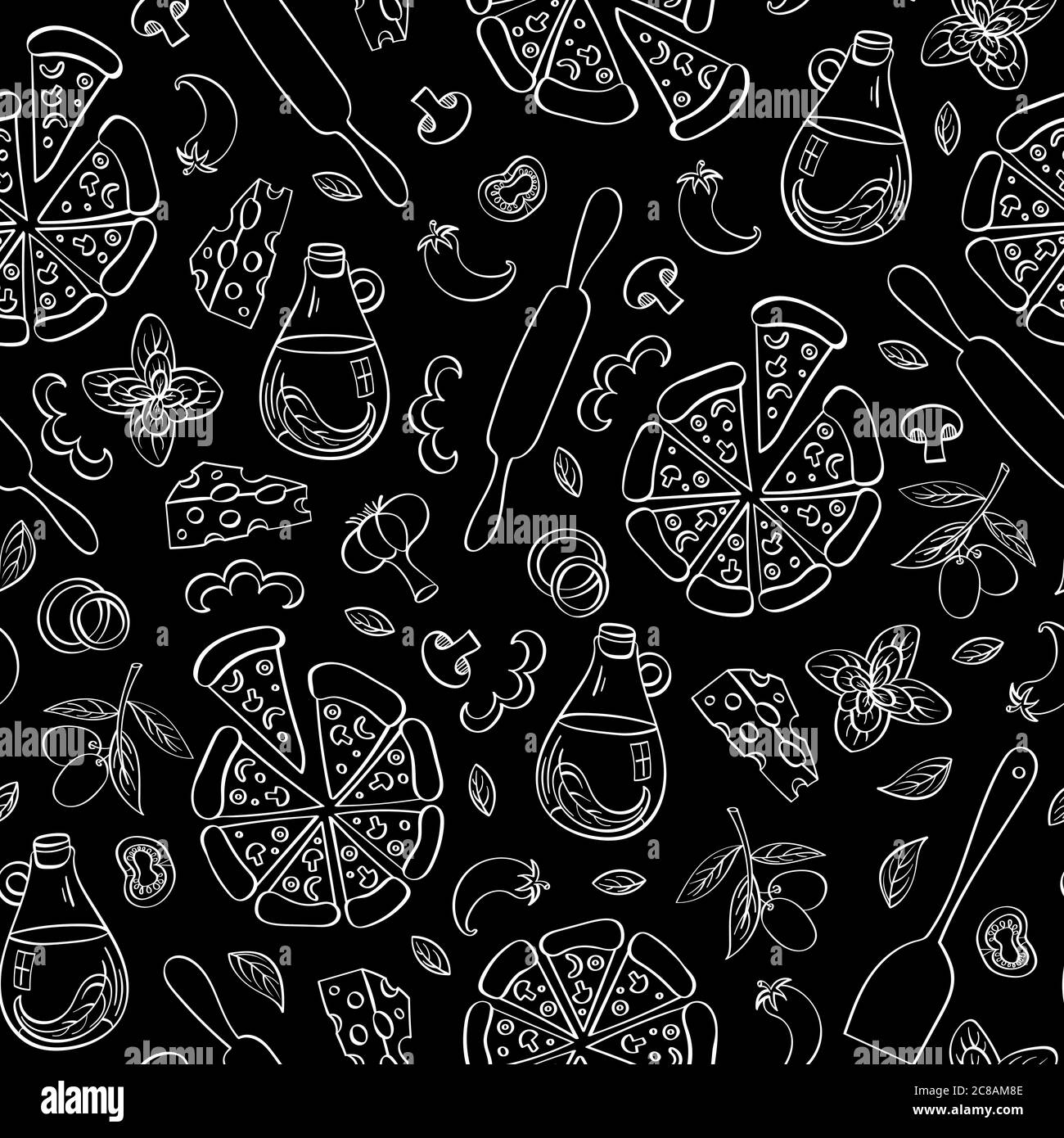 Pizza seamless pattern. Doodle food isolated on black background ...