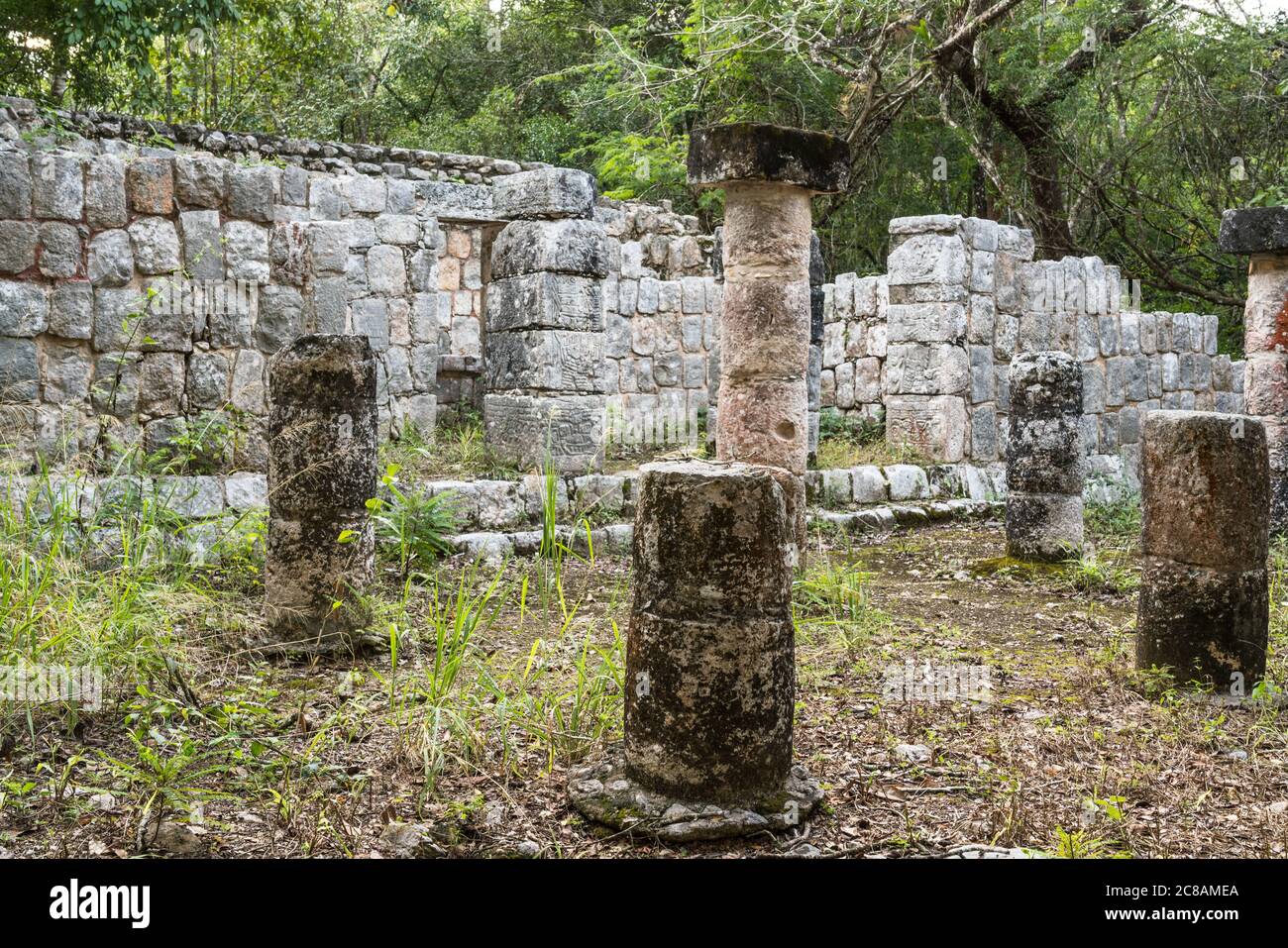 Carved stone pillars in the Temple of Xtoloc in the ruins of the great ...