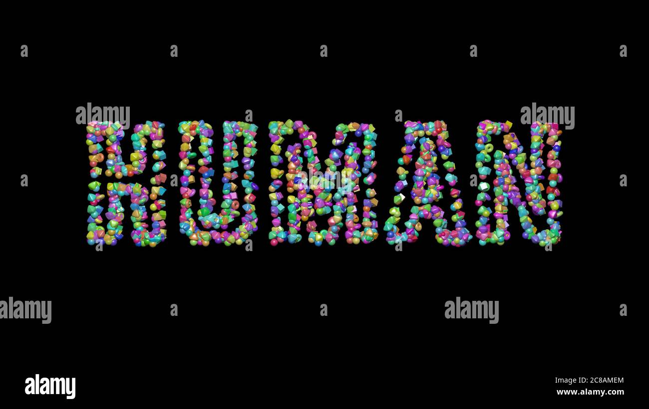 Colorful 3D writing of human text with small objects over a dark ...