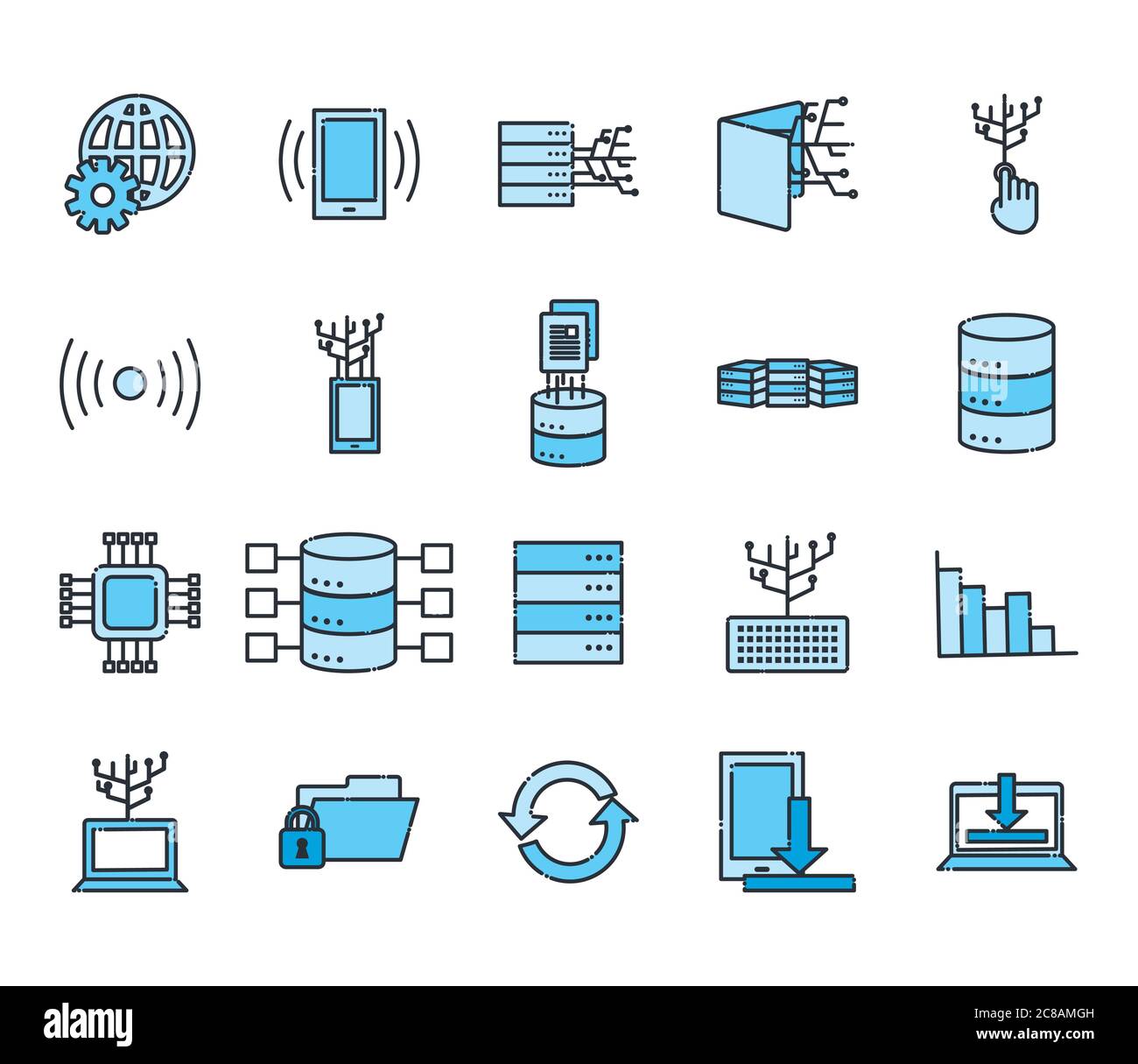 Big data line and fill style icon set design, Web hosting center base ...