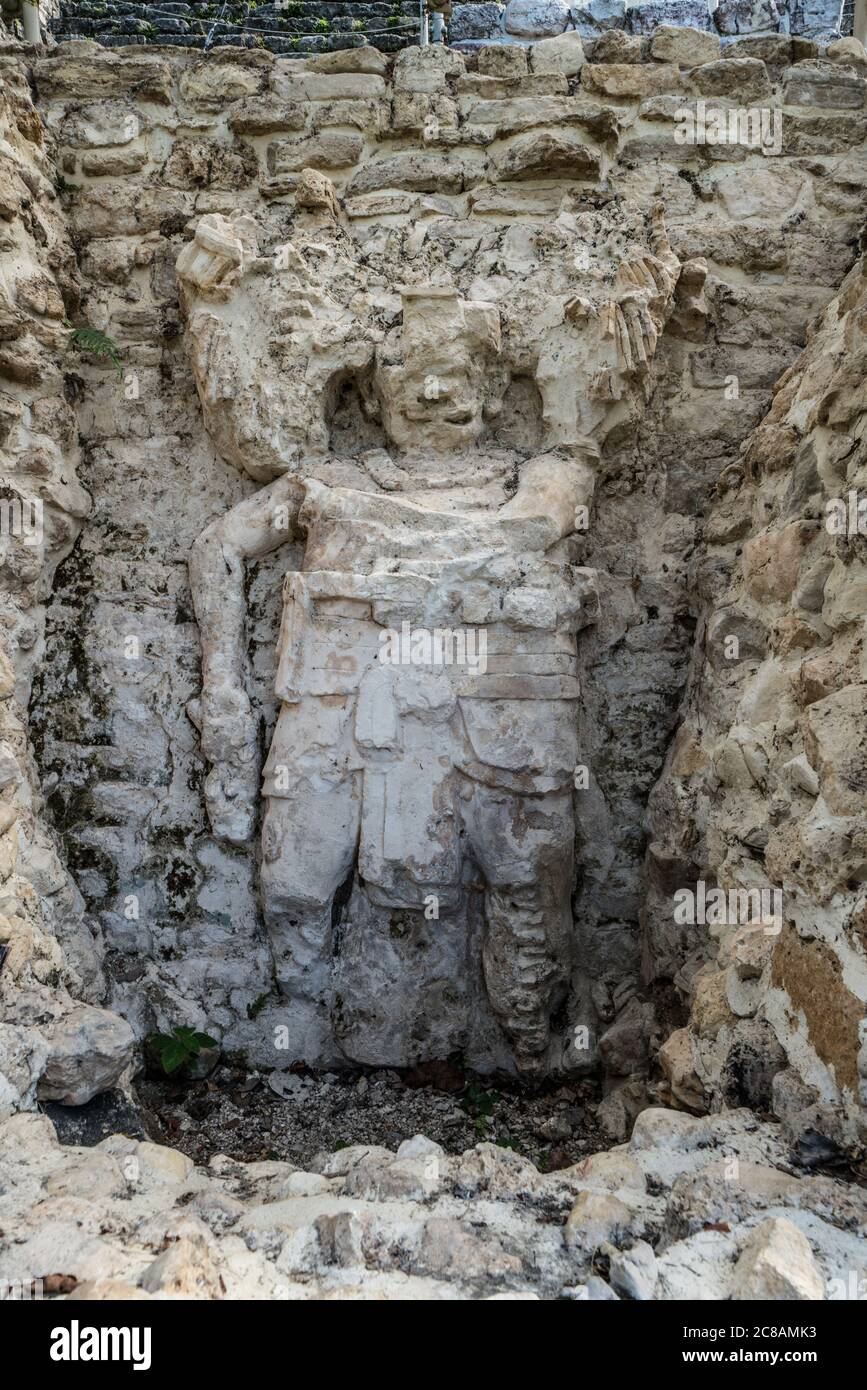 A stucco bas relief figure in the ruins of the Mayan city of Bonampak ...