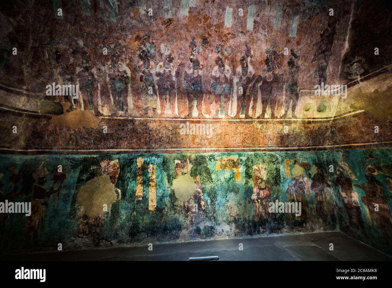 A fresco mural showing Mayan nobles on the south wall of Room 1 of the ...