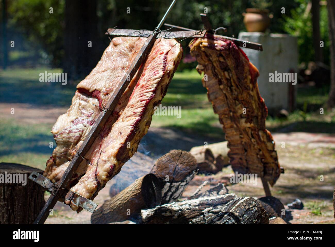 Asado, traditional barbecue dish in Argentina, roasted meat cooked on a ...