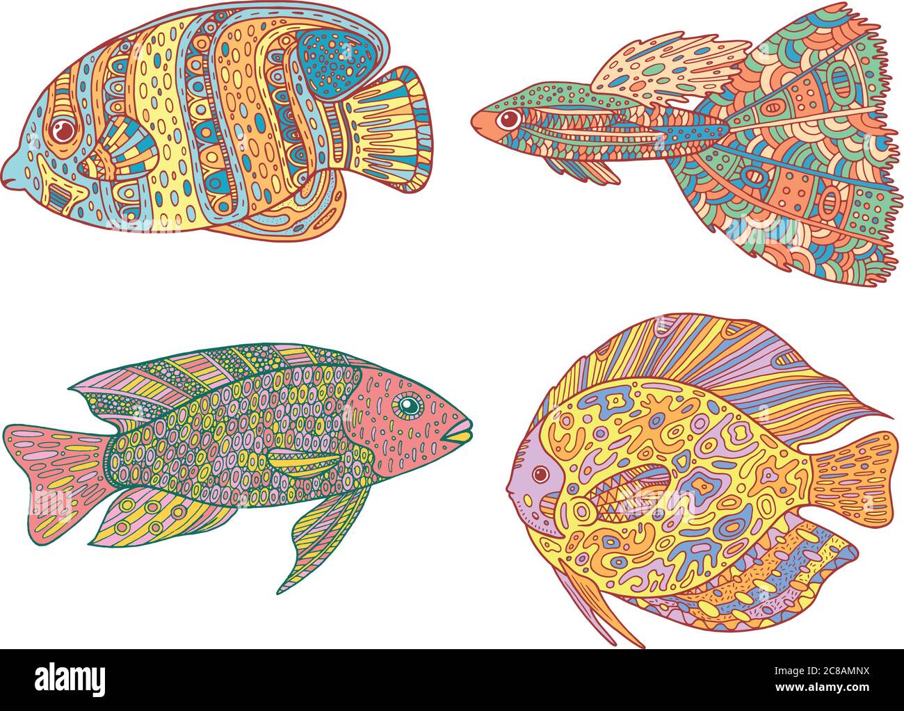 Doodle zentangle fishes - set. Zen art coloring page for adults ...