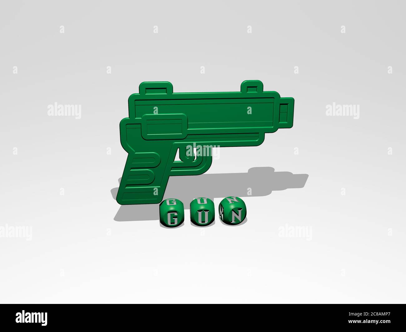 3D illustration of GUN graphics and text made by metallic dice letters ...