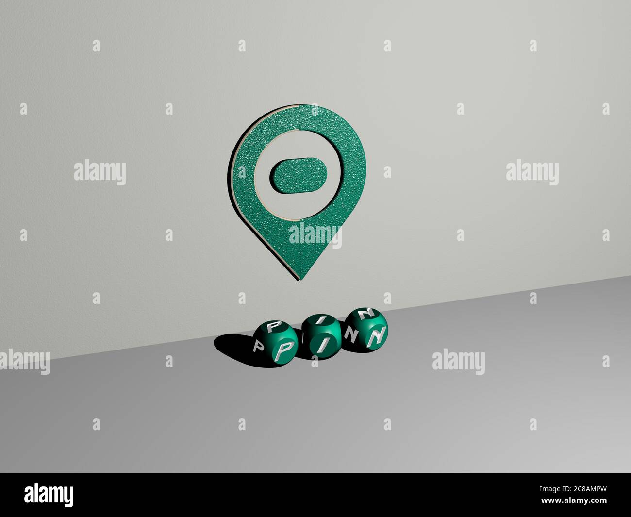 3D graphical image of pin vertically along with text built by metallic ...