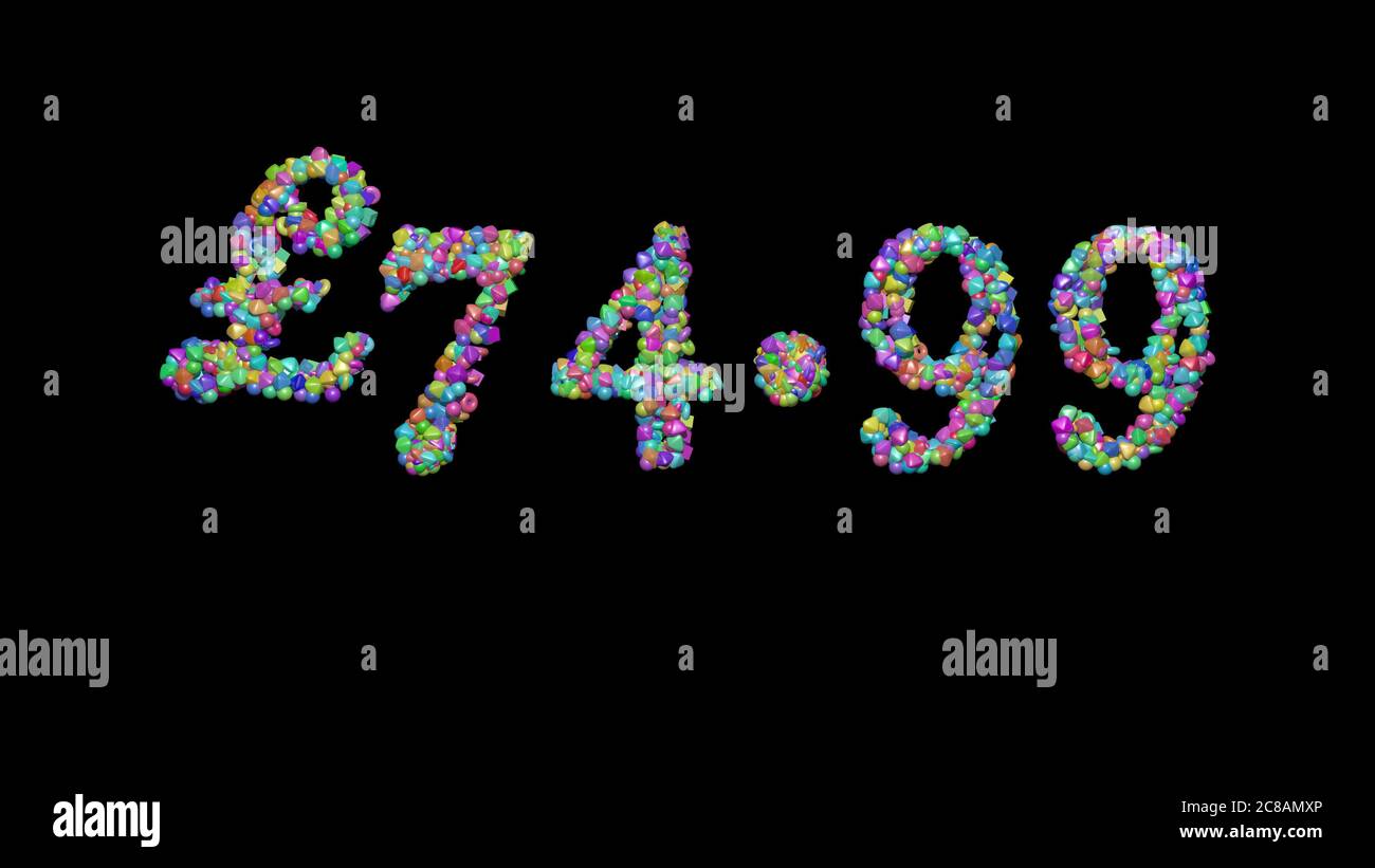 £74.: 3D illustration of the text made of small objects over a black ...