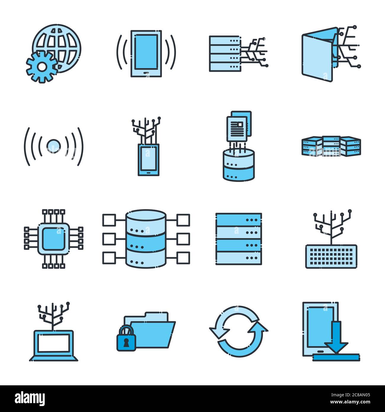 Big data line and fill style icon set design, Web hosting center base security system and ...
