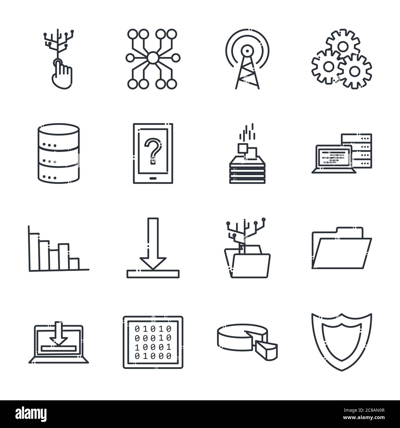 Big data line style icon set design, Web hosting center base security system and hardware Vector ...