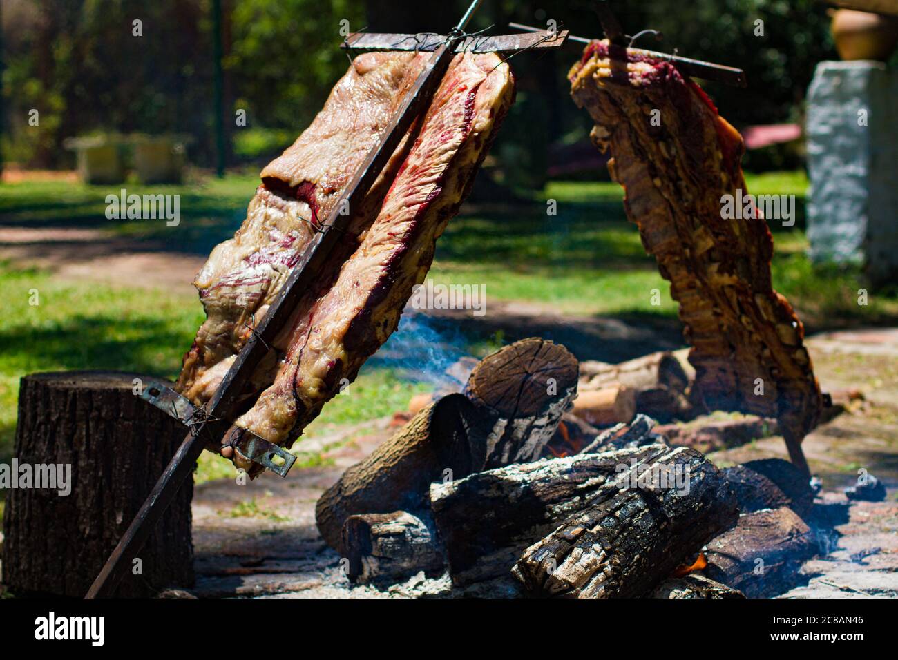 Asado, traditional barbecue dish in Argentina, roasted meat cooked on a ...