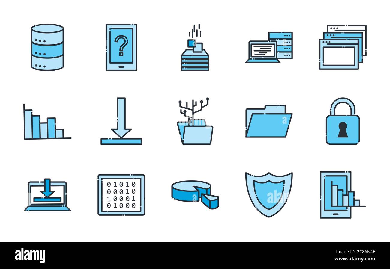 Big data line and fill style icon set design, Web hosting center base security system and ...