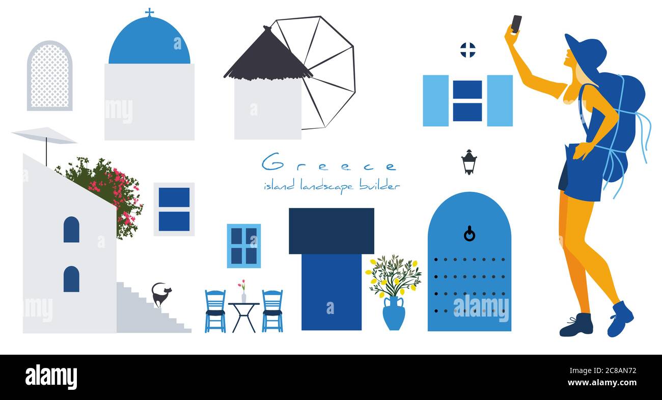 Collection of architectural items to build a typical scene of the Greek ...