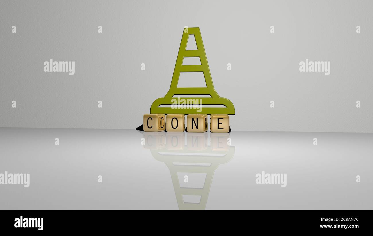 3D graphical image of cone vertically along with text built by metallic ...