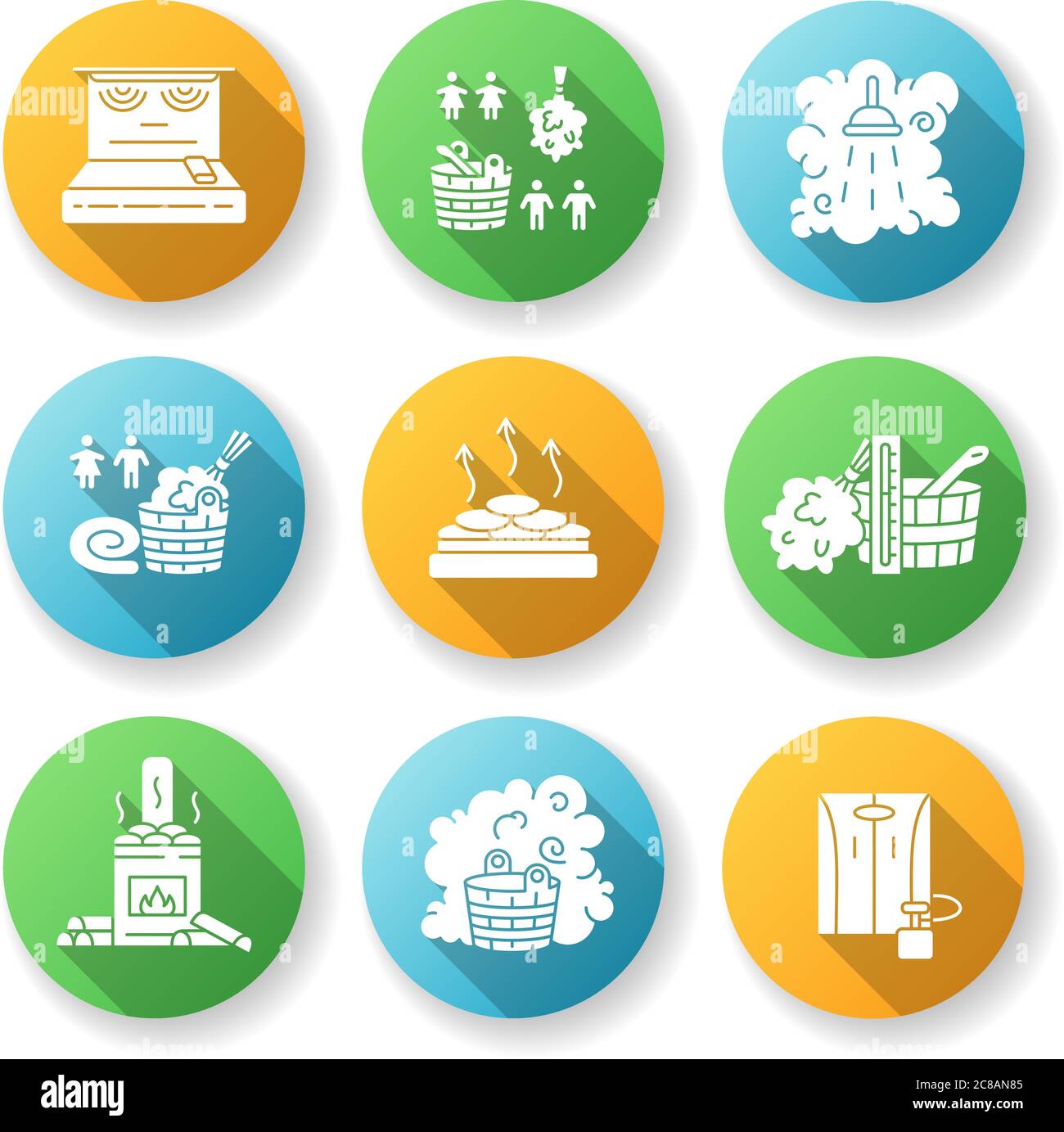 Steam treatment flat design long shadow glyph icons set. Finnish and ...