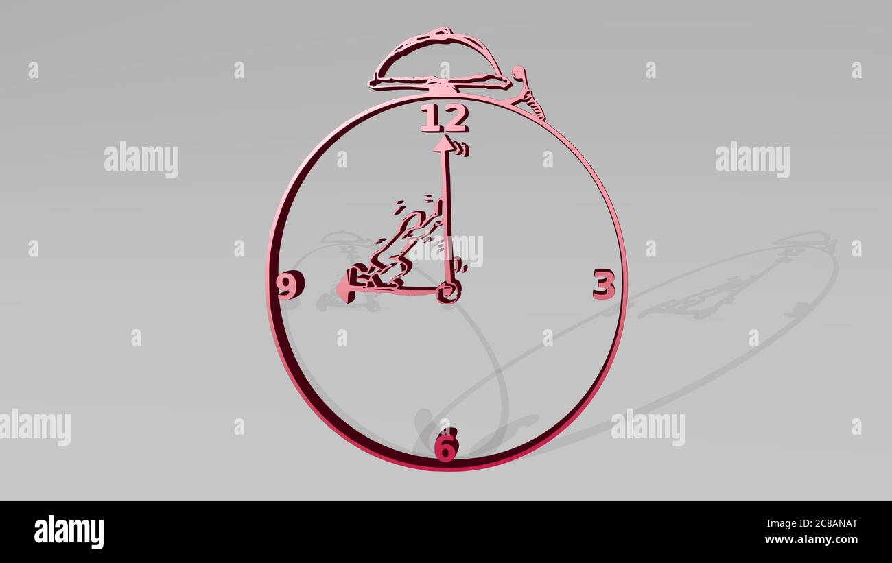 man pushing watch hands stand with shadow. 3D illustration of metallic ...