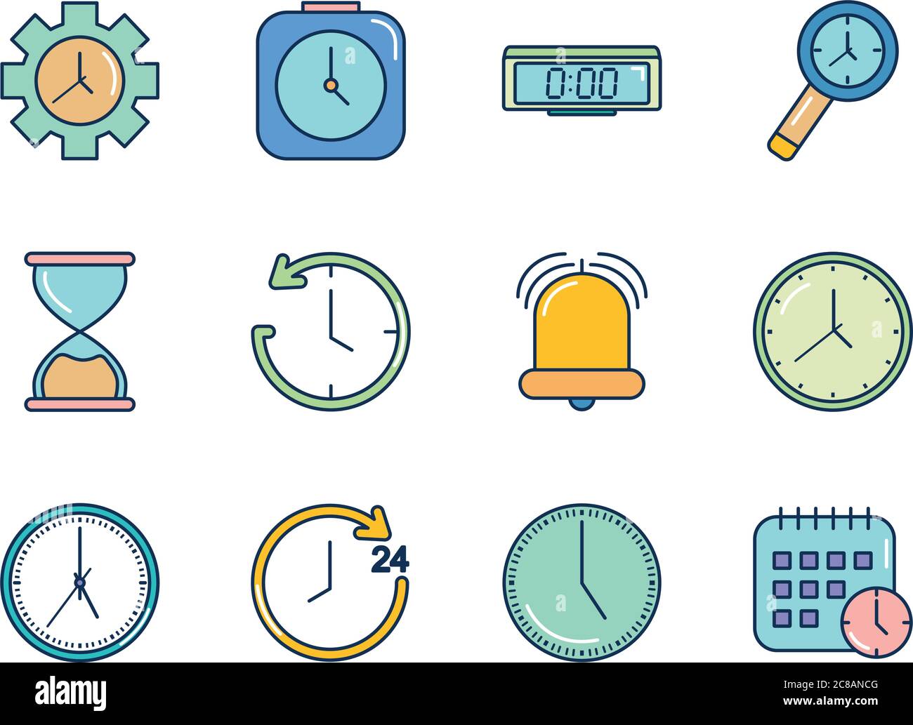 icon set of bell and time over white background, line fill style ...