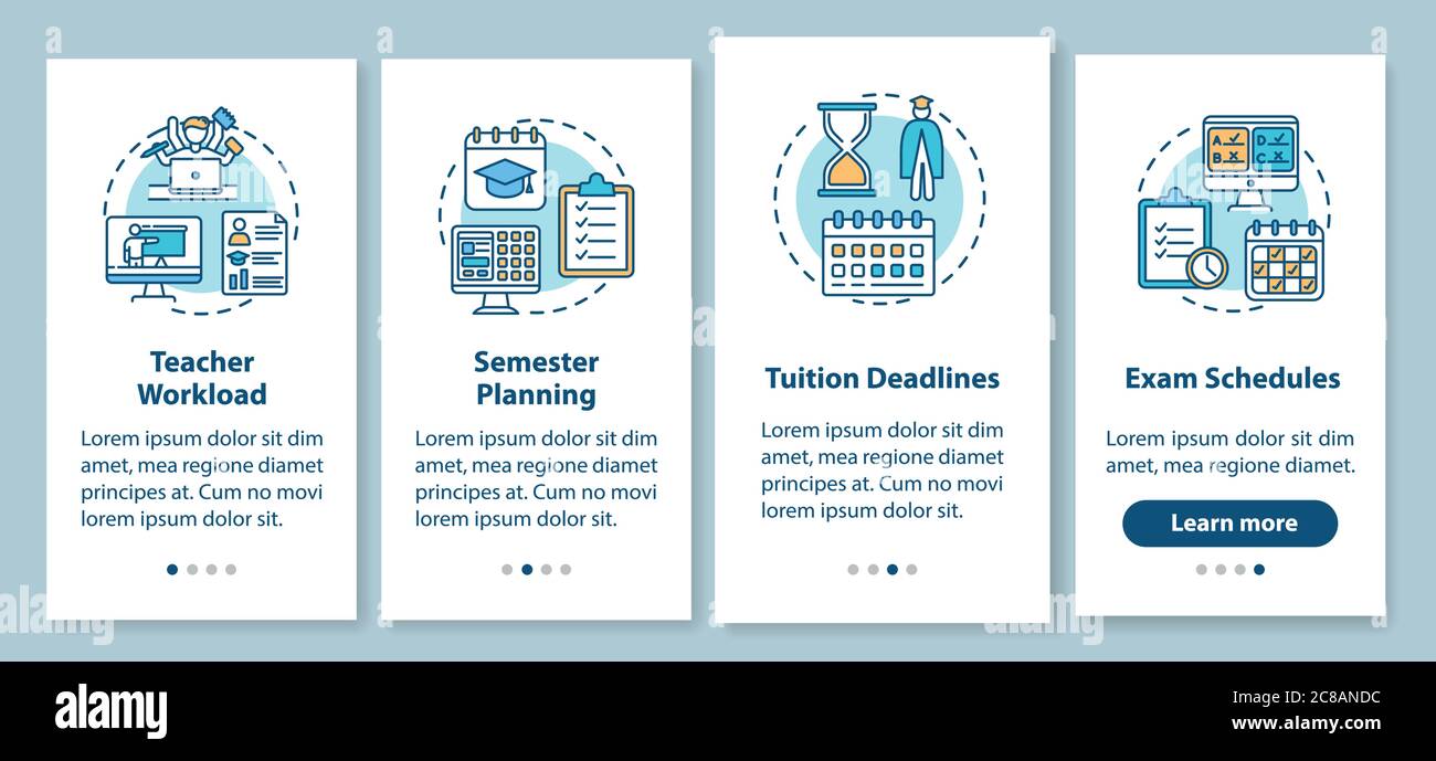 Distance learning elements onboarding mobile app page screen with concepts. Teacher workload. E ...