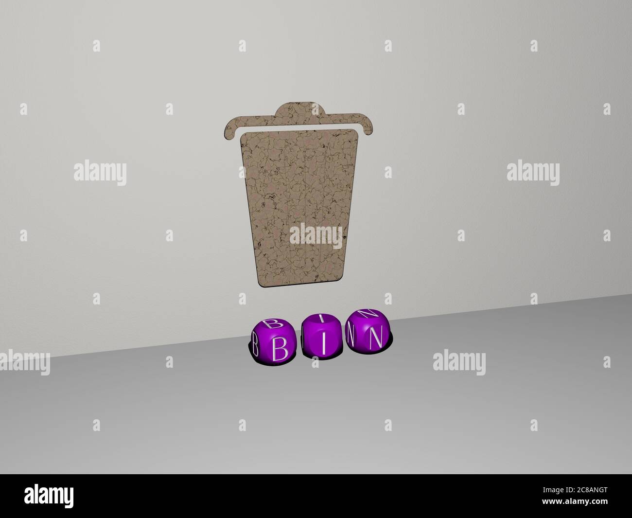 3D illustration of bin graphics and text made by metallic dice letters ...