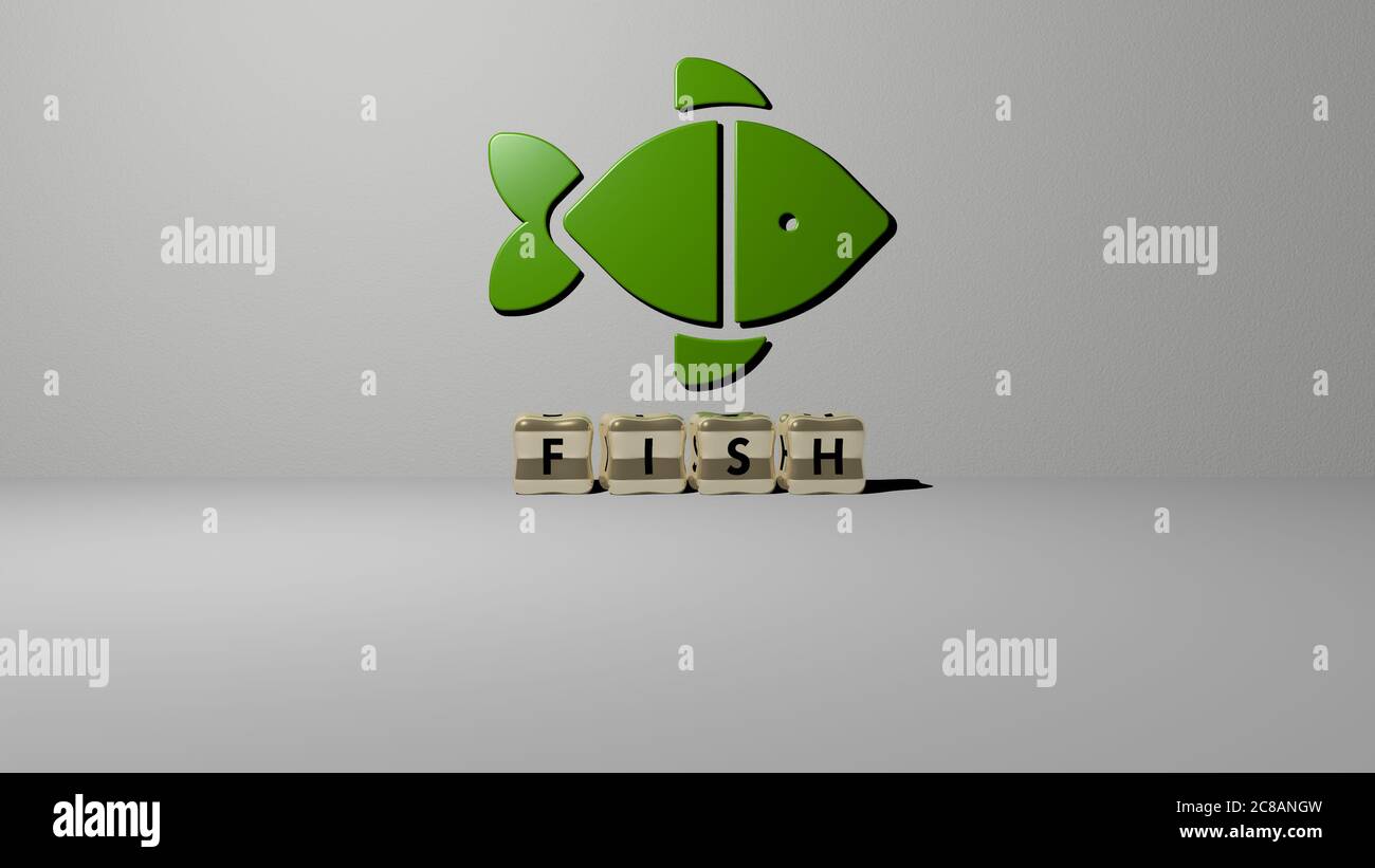 3D graphical image of fish vertically along with text built by metallic ...