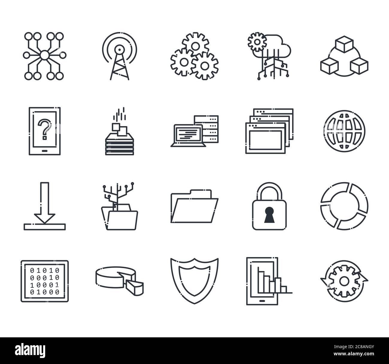 Big data line style icon set design, Web hosting center base security system and hardware Vector ...