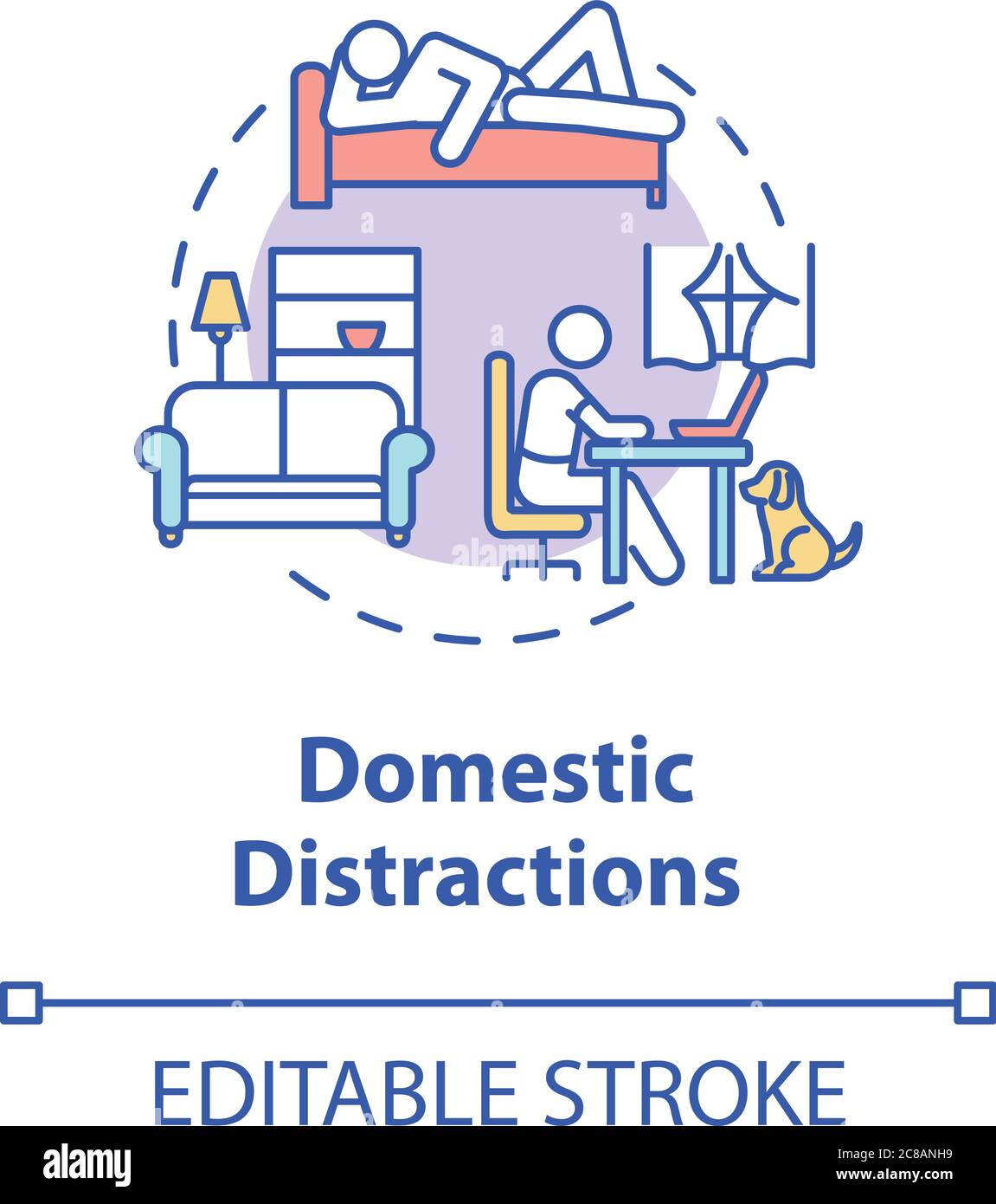 Domestic distractions concept icon. Student doing homework ...