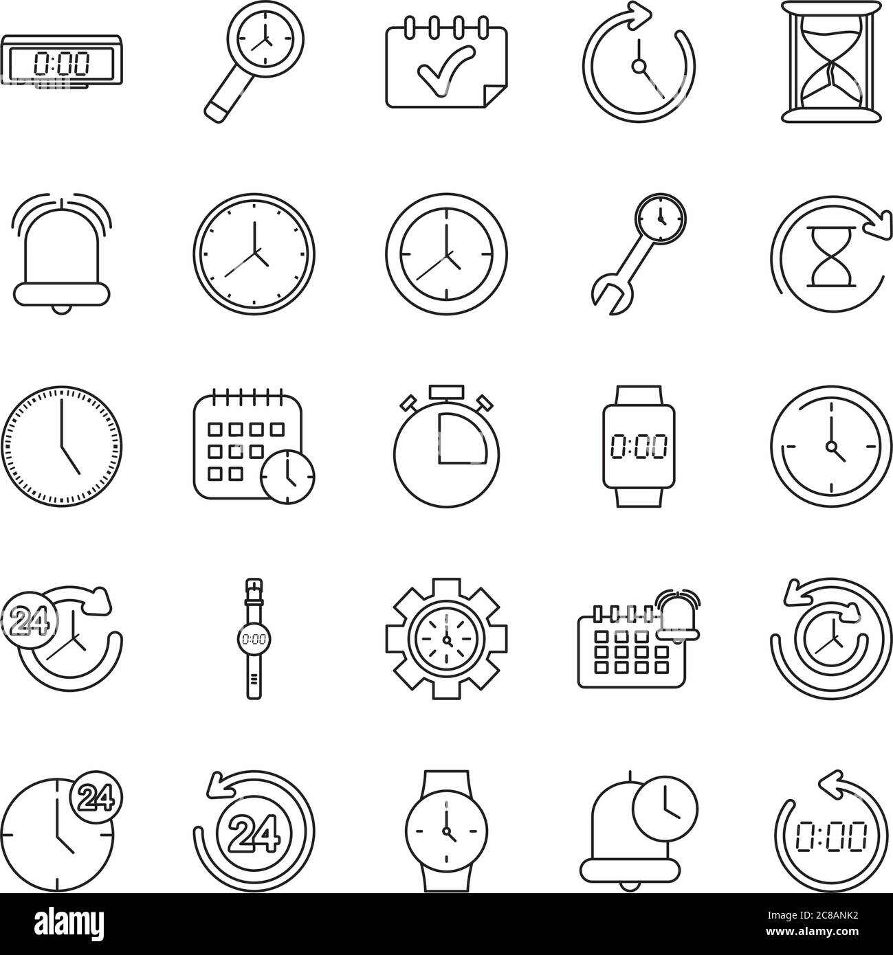 smartwatch and time icon set over white background, line style, vector ...