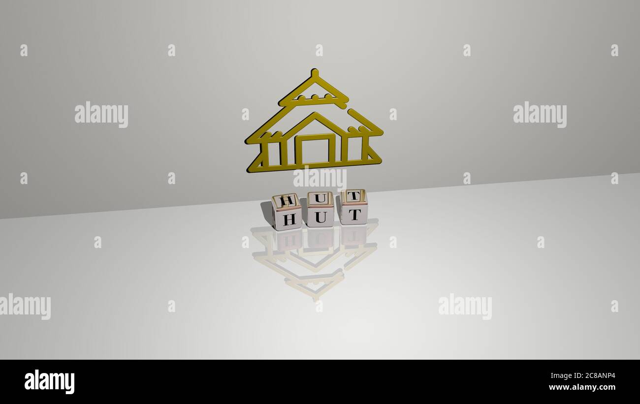 3D illustration of hut graphics and text made by metallic dice letters ...