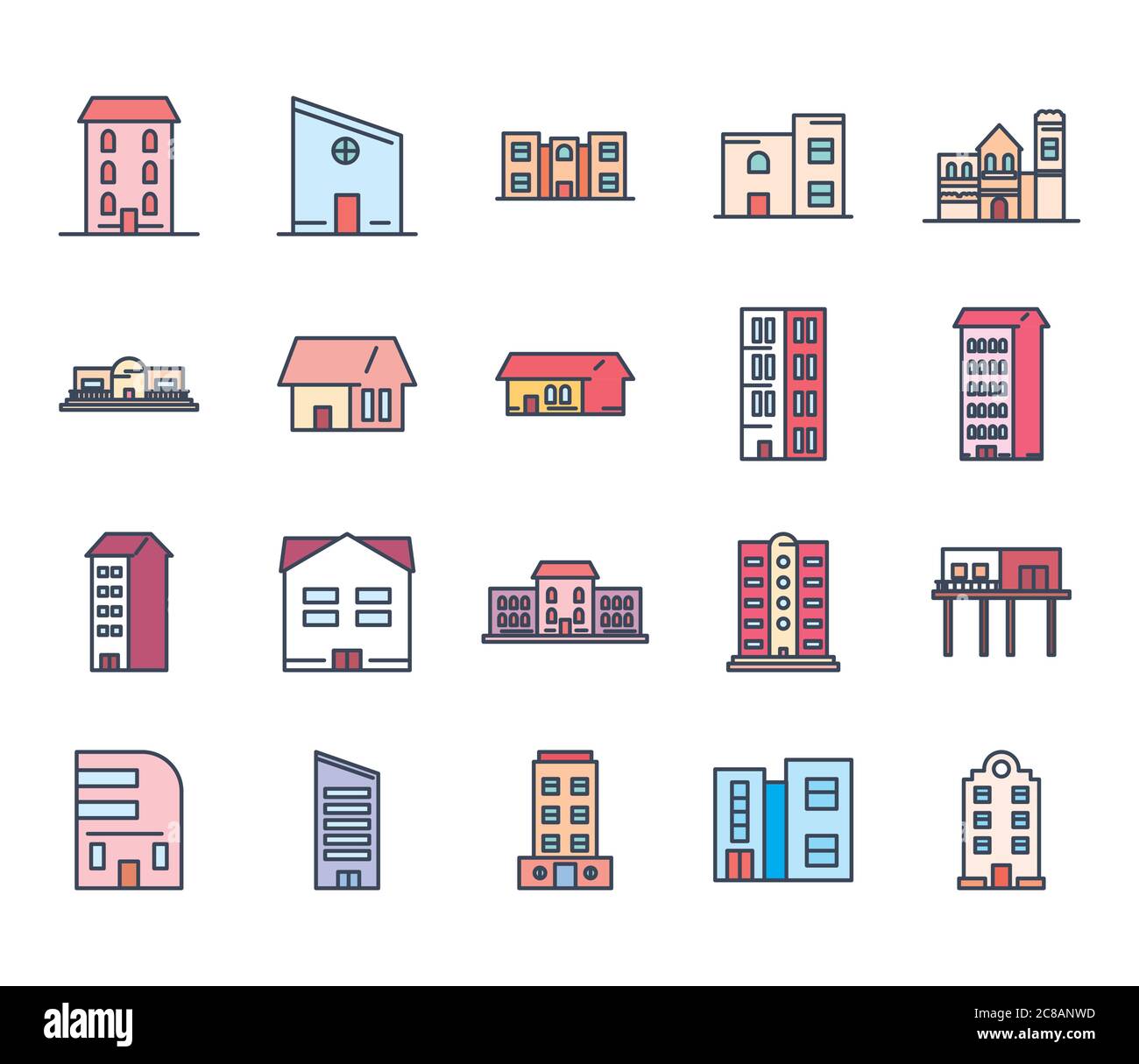Buildings line and fill style icon set design, City architecture urban ...