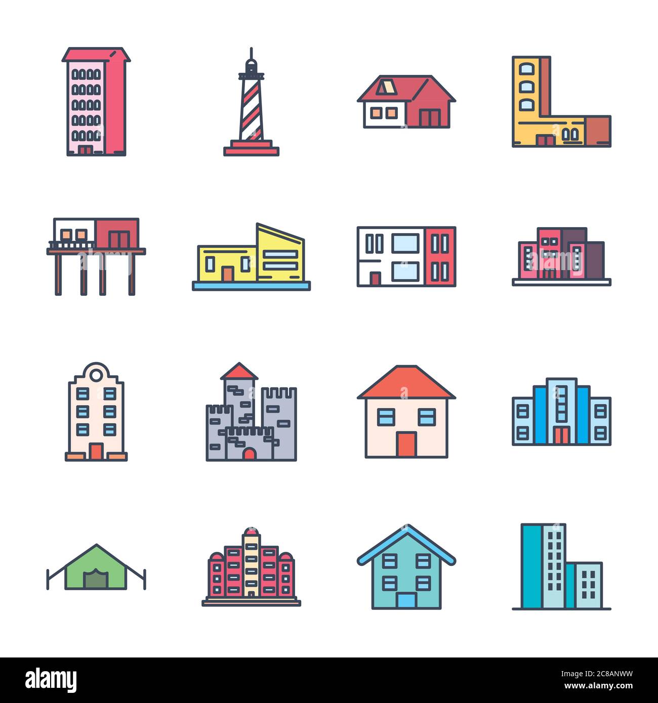 Buildings line and fill style icon set design, City architecture urban ...