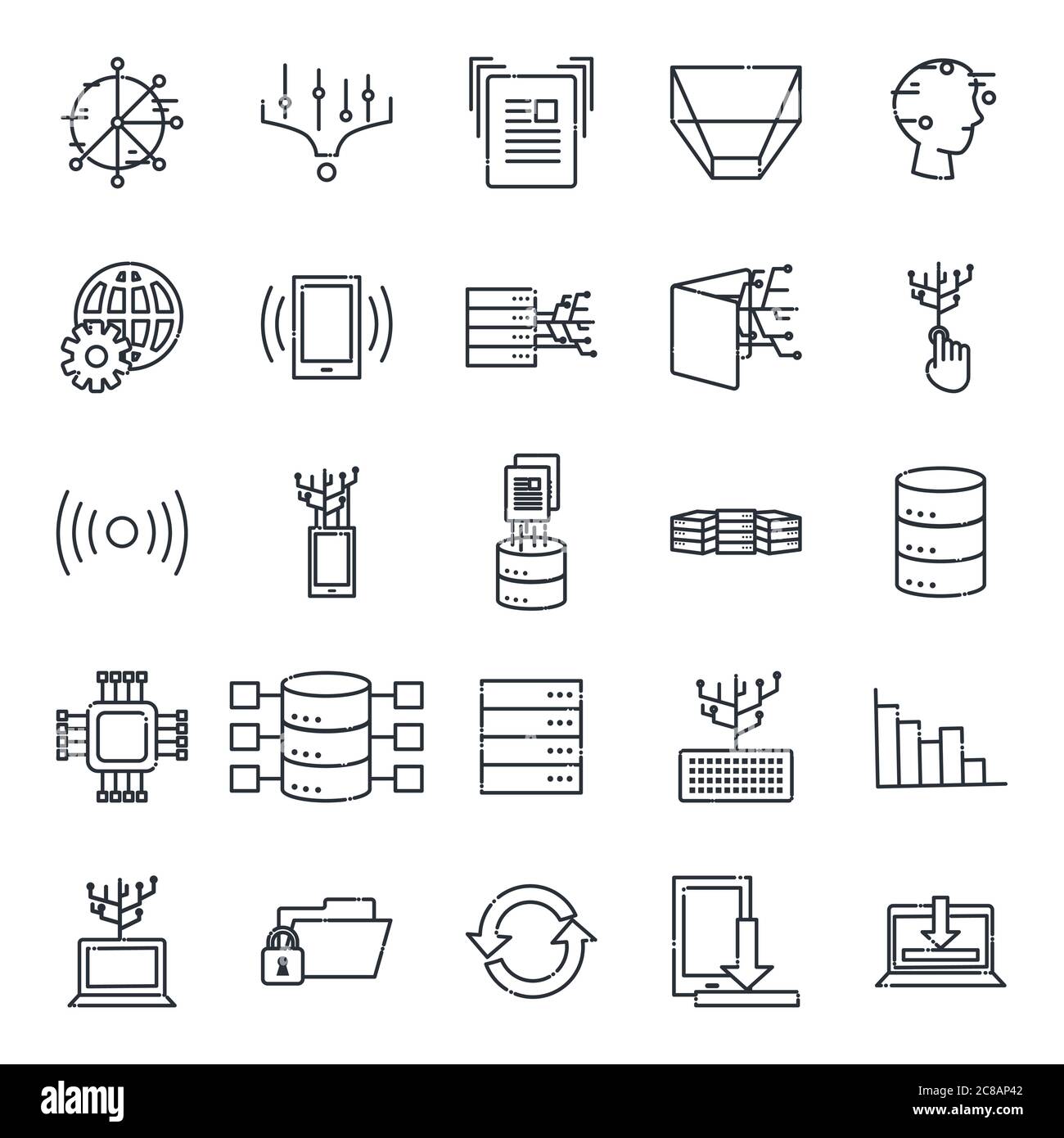 Big data line style icon set design, Web hosting center base security system and hardware Vector ...