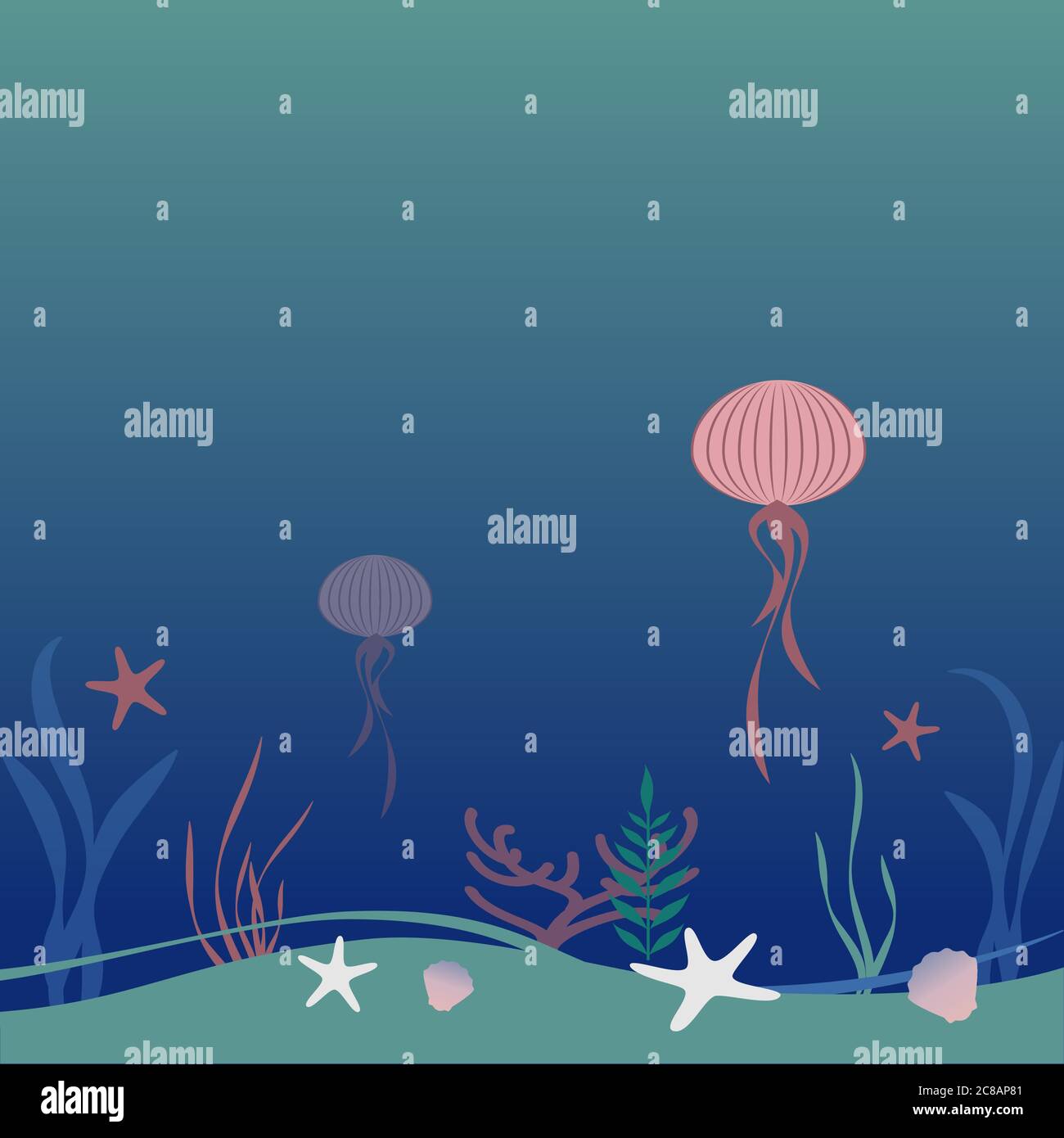Seabed with empty space, starfish, jellyfish, shells, coral and algae ...